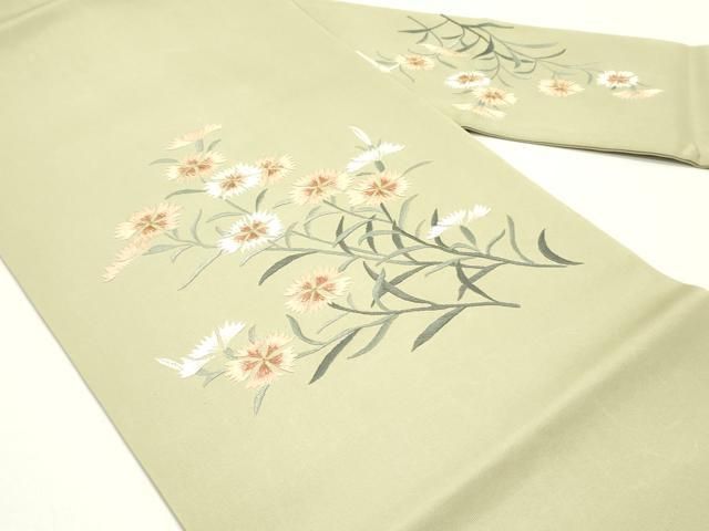平和屋着物○塩瀬 九寸名古屋帯 総刺繍 草花文 抹茶色 金糸 正絹 逸品