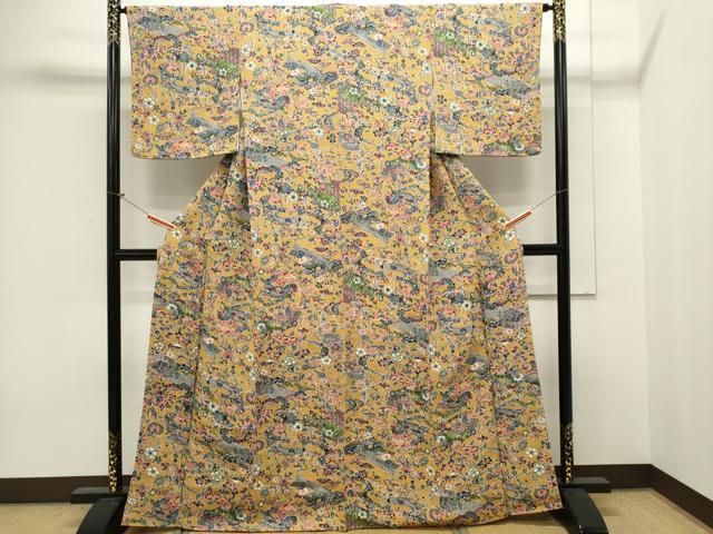 平和屋着物▽訪問着 単衣 型染め 草花文 鬼しぼ縮緬 正絹