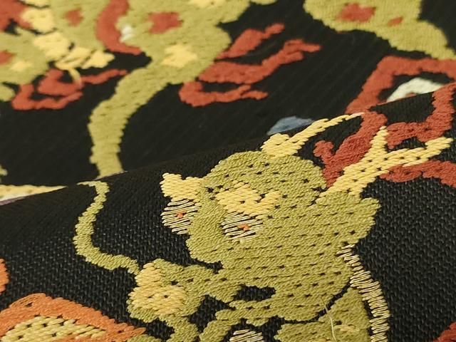 平和屋着物○アンティーク 大正ロマン 九寸名古屋帯 唐織 麒麟 黒地