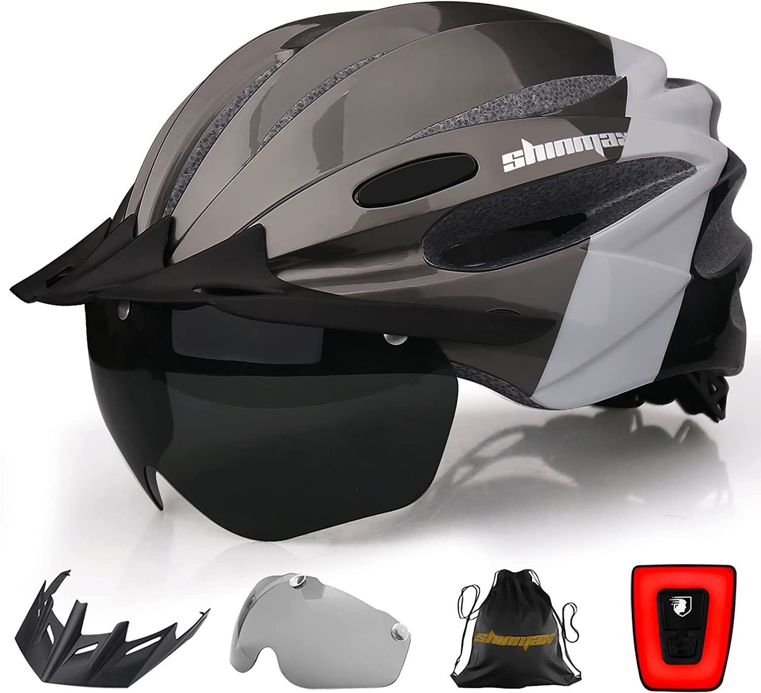 Shinmax 自転車 ヘルメット 大人用 CPSC/CE安全基準認証 LEDライト サイクリングヘルメット 超軽量 ロードバイクヘルメット 磁気ゴーグル サンバイザー付き サイクリング 電動 ...