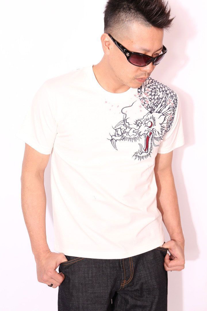 satori さとり 桜暴龍 刺繍 和柄 半袖 Tシャツ GST-653 ホワイト わが