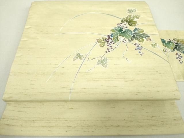 平和屋着物●九寸名古屋帯　白山紬　友禅　作家物　葡萄蔦の葉文　正絹　逸品　DAAV6113ps 平和屋着物○九寸名古屋帯 白山紬 友禅 作家物 葡萄蔦の葉文 正絹 逸品