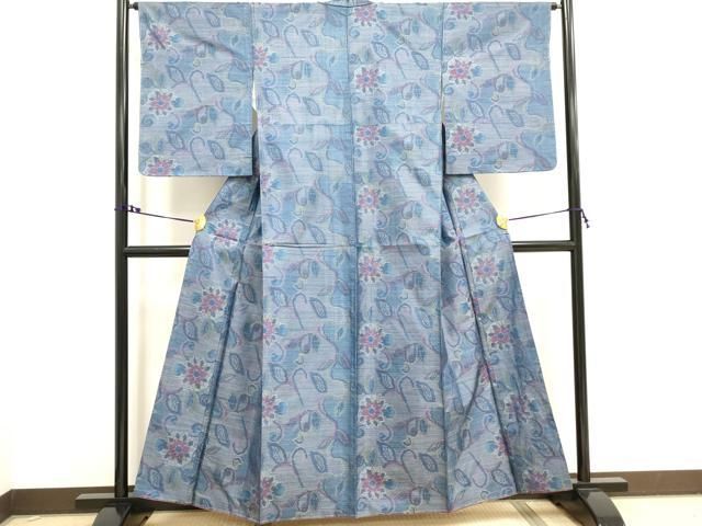 平和屋着物▽上質な紬 　単衣　エ霞麻の葉文様　正絹　逸品　未使用　CAAV8956gh 平和屋着物▽上質な紬 単衣 エ霞麻の葉文様 正絹 逸品 未