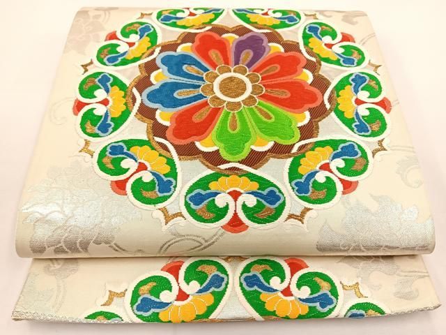 平和屋着物◎六通柄袋帯 唐織 九百錦 吉祥花文 プラチナ