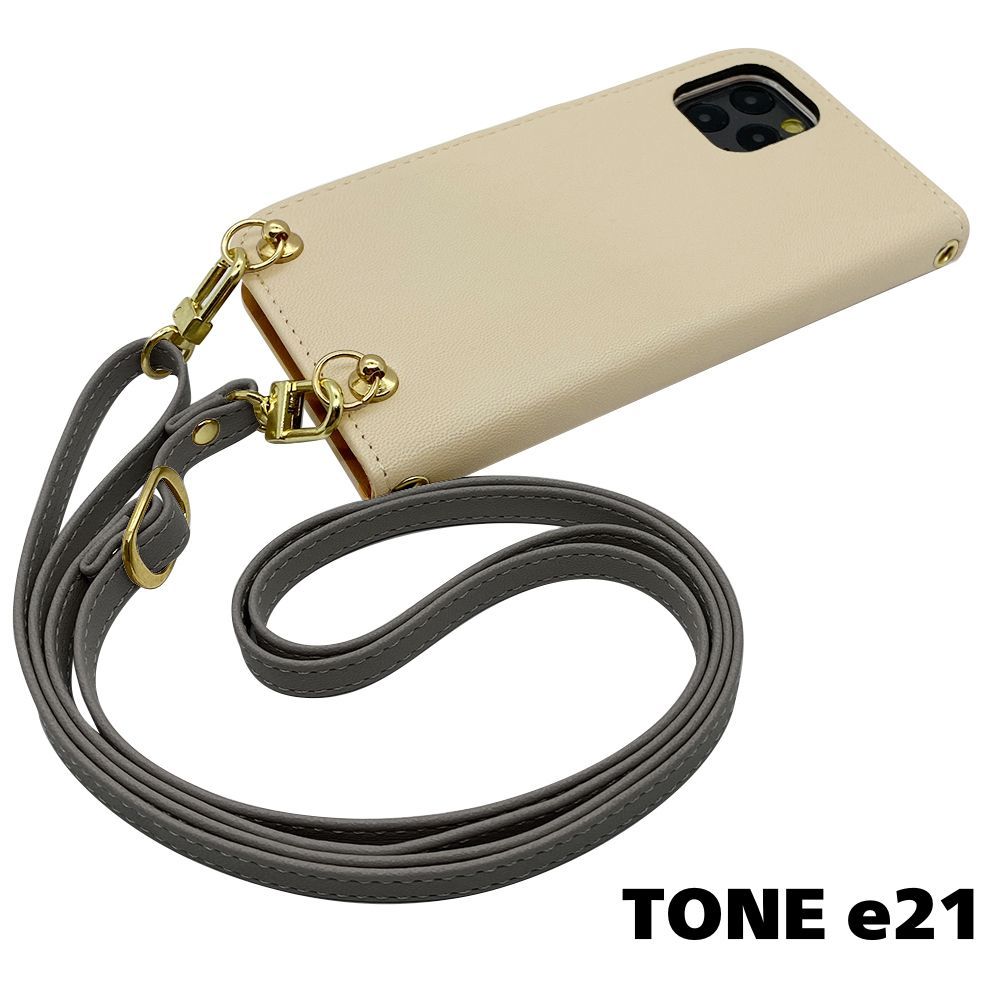 【新品未使用】TONE e21 トーンe21 ストラップ付 手帳型スマホ ケース ショルダー (カバー色クリーム、ストラップ色アッシュグレー) カード収納 くすみカラー zflip51 ...