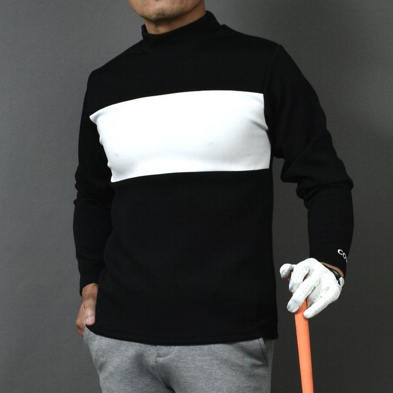 送料無料 アウトレットサンプル品 ブラック×ホワイト/Lサイズ 【COMONGOLF/コモンゴルフ】ポンチ素材バイカラー長袖モックネックゴルフシャツ(CG-ST3030)メンズ ゴルフウェア ...