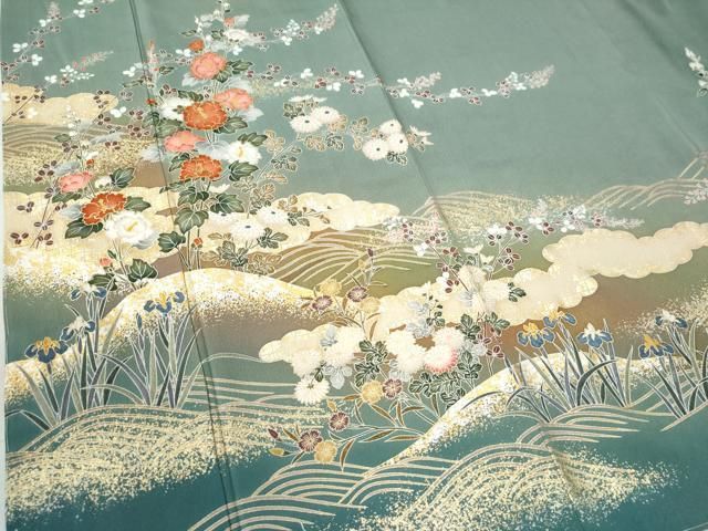 平和屋着物●訪問着　雲取り草花文　暈し染め　金彩　正絹　逸品　DAAV8599tw 平和屋着物○訪問着 雲取り草花文 暈し染め 金彩 正絹 逸品
