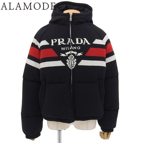 PRADA(プラダ) ニットダウンジャケット アウター アパレル ファッション フード付き M ウール カシミヤ ブラック黒 ホワイト白 ...