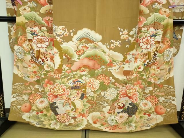 平和屋着物 アンティーク 大正ロマン 振袖 駒刺繍 楽器鳳凰花文 金彩