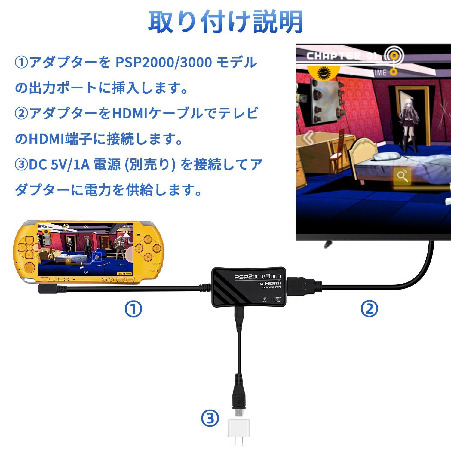 Mcbazel PSP用 HDMIコンバーター(3M長さ) 2000/3000モデル対応 チップアップグレード版 HDTVからHDMI変換 ...