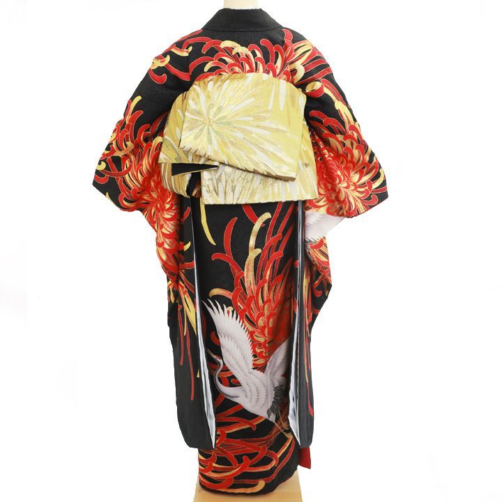 振袖セット 美品 黒×朱赤 彼岸花 鶴 かっこいい 華やか 個性的 振袖セット 美品 黒×朱赤 彼岸花 鶴 かっこいい 華やか 個性的