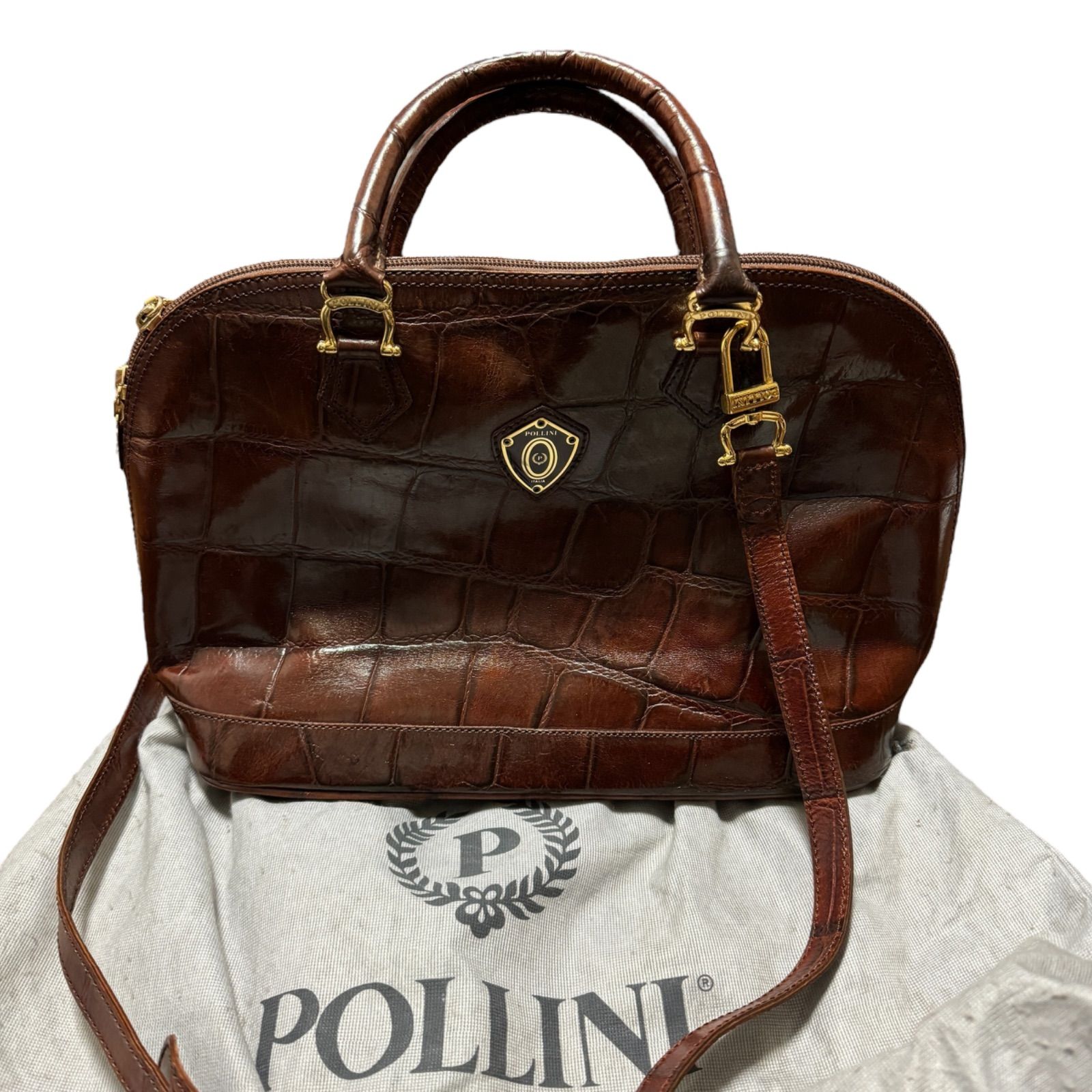 RE86 【美品】 POLLINI ポリーニ ハンドバッグ 2way クロコ型押し レザー ブラウン レディース - メルカリ