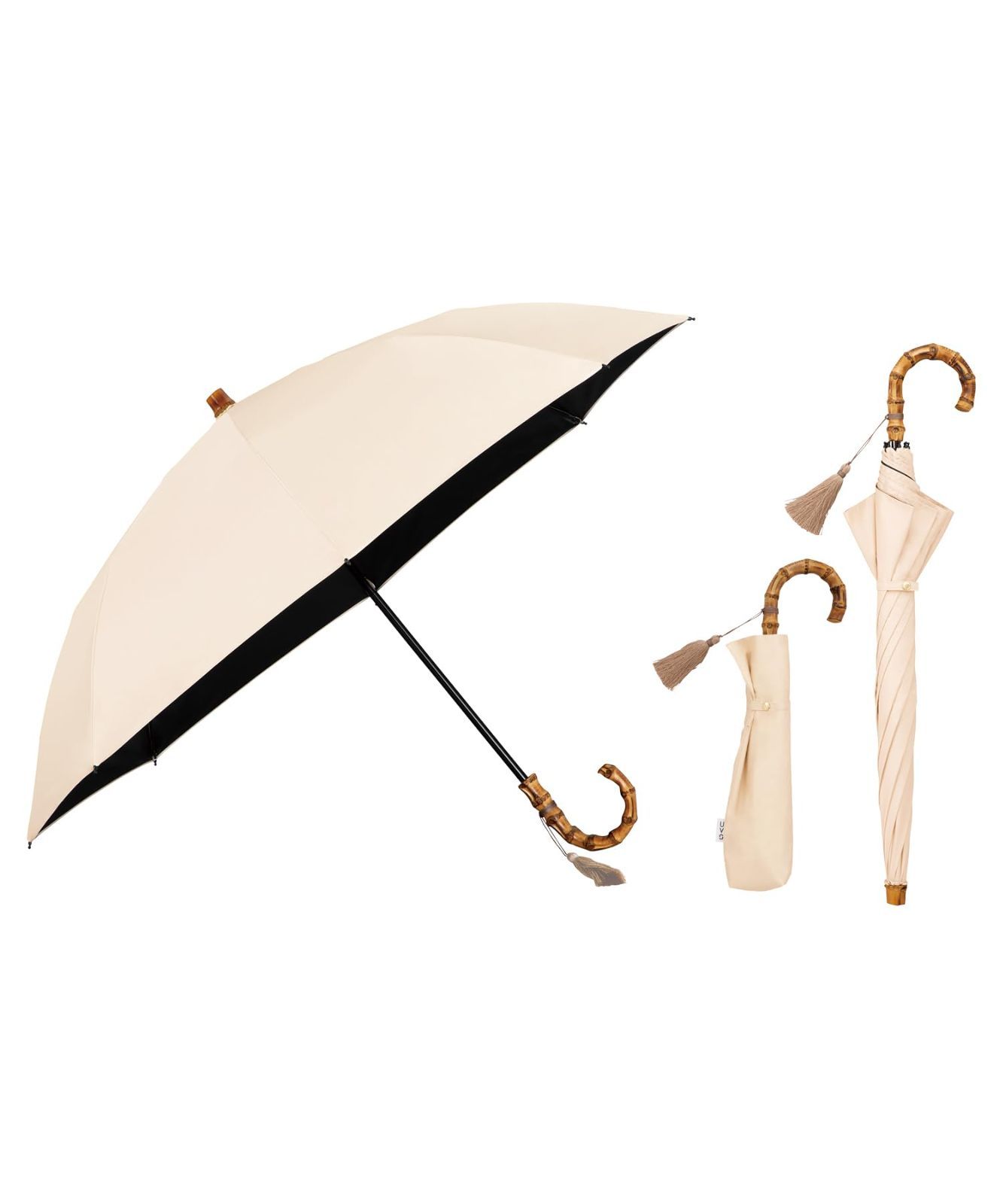 UVO(ウーボ)折りたたみ傘／2段 最強の日傘 無地タッセル ベージュ 《遮光率＆UVカット率100%/UPF50＋/遮熱/晴雨兼用》 親骨50cm レディース Wpc. 長傘としても使える ...