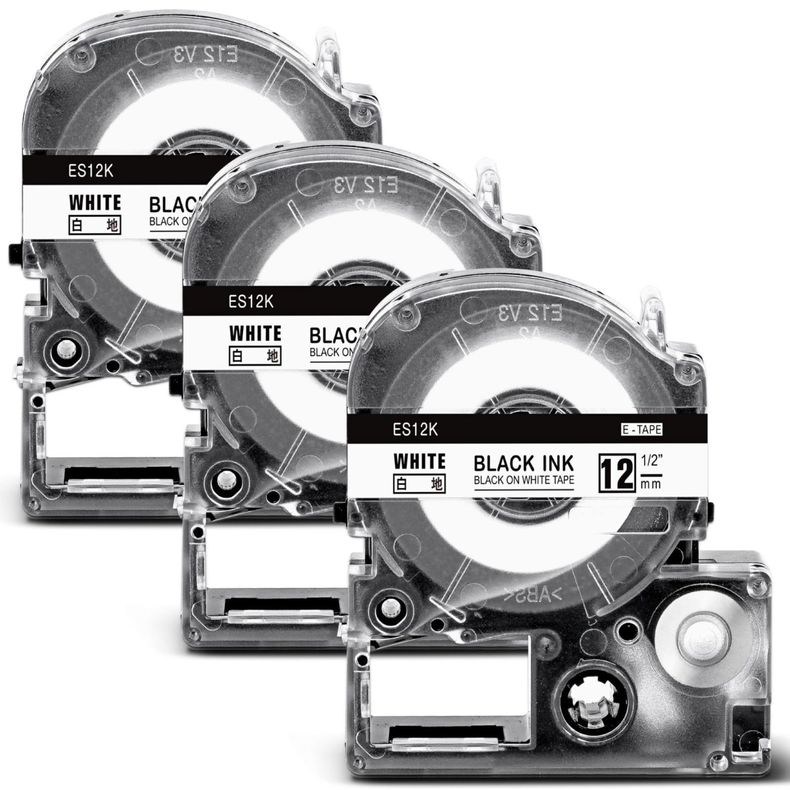 【特価】3個 12mm 白地黒文字 ES12K と互換性のある キングジム テプラ テープ カートリッジ Kingjim tepra用 ...