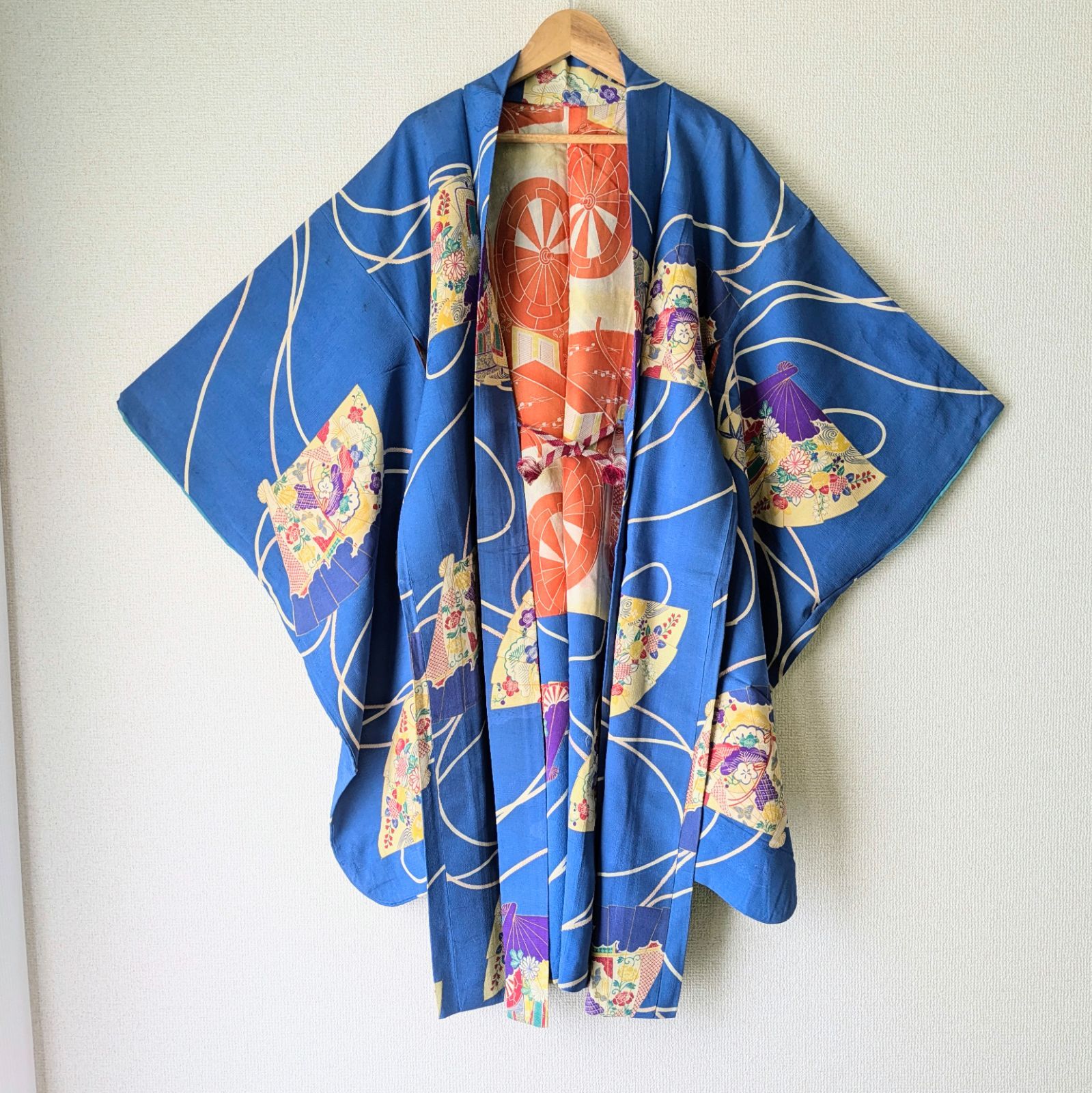 Japanese Vintage Haori Long Chirimen Blue Fan Pattern Silk Kimono Gown ...