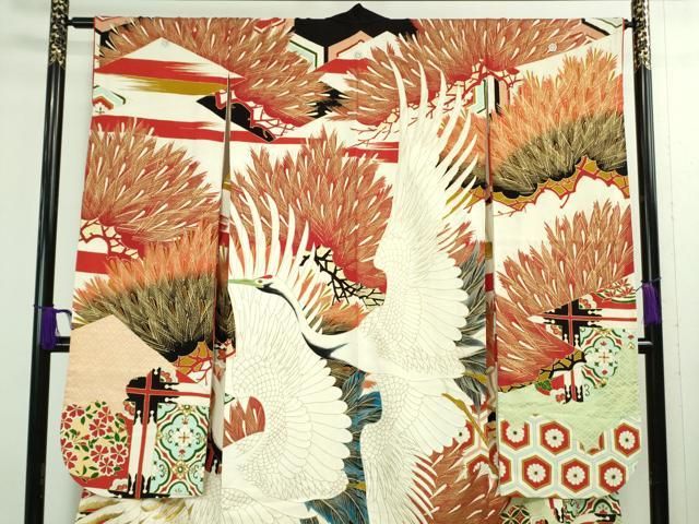 平和屋本店□極上 アンティーク 大正ロマン 振袖 刺繍 飛鶴松文 黒地