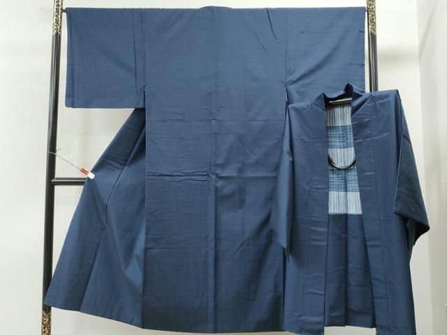 平和屋着物○男性 紬 アンサンブル 色無地 留紺色 正絹 逸品