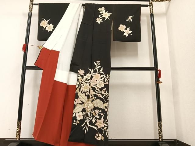 平和屋着物○訪問着 枝花文 黒地 金彩 鬼しぼ縮緬 正絹 逸品