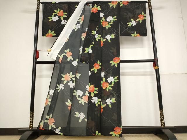 平和屋着物＊夏物 小紋 絽 草花文 黒地 洗える着物 AAAW1955sx