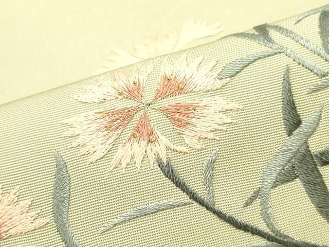 平和屋着物○塩瀬 九寸名古屋帯 総刺繍 草花文 抹茶色 金糸 正絹 逸品