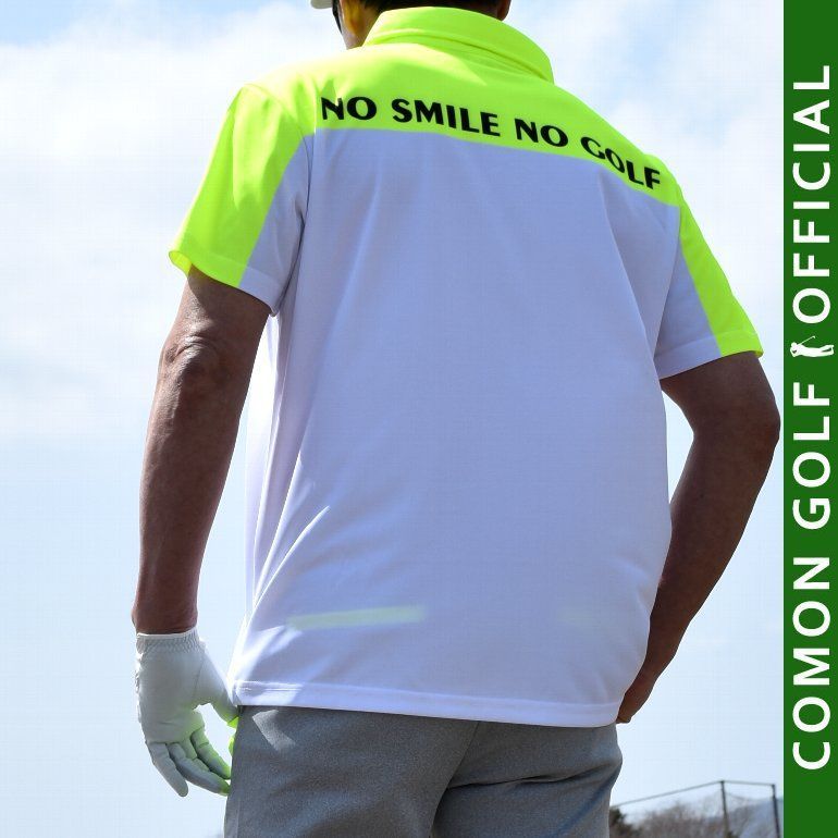 新品【COMONGOLF/コモンゴルフ】ネオンカラー切替吸水速乾ドライ半袖ゴルフポロシャツ/ホワイト×イエロー(CG-SP409S)ゴルフウェア トップス 春夏 ハーフZIP 吸汗 ストレッチ ...