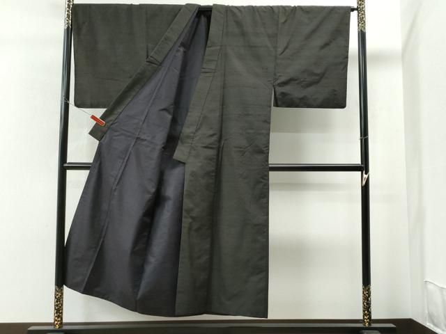 平和屋着物○男性 紬 アンサンブル 色無地 鉄黒色 キングサイズ 正絹