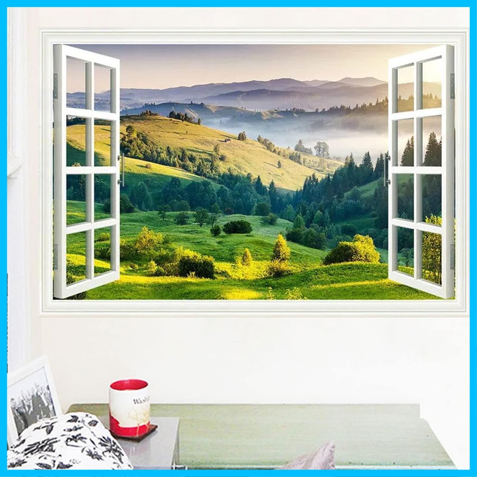 【特価セール】絵画風 壁紙ポスター 窓 偽窓 ステッカー ウォールステッカー 風景 景色 おしゃれ Condessacity 壁紙シール 壁紙風景画 壁飾り絵 森林と小道 森林浴 窓枠 窓の ...