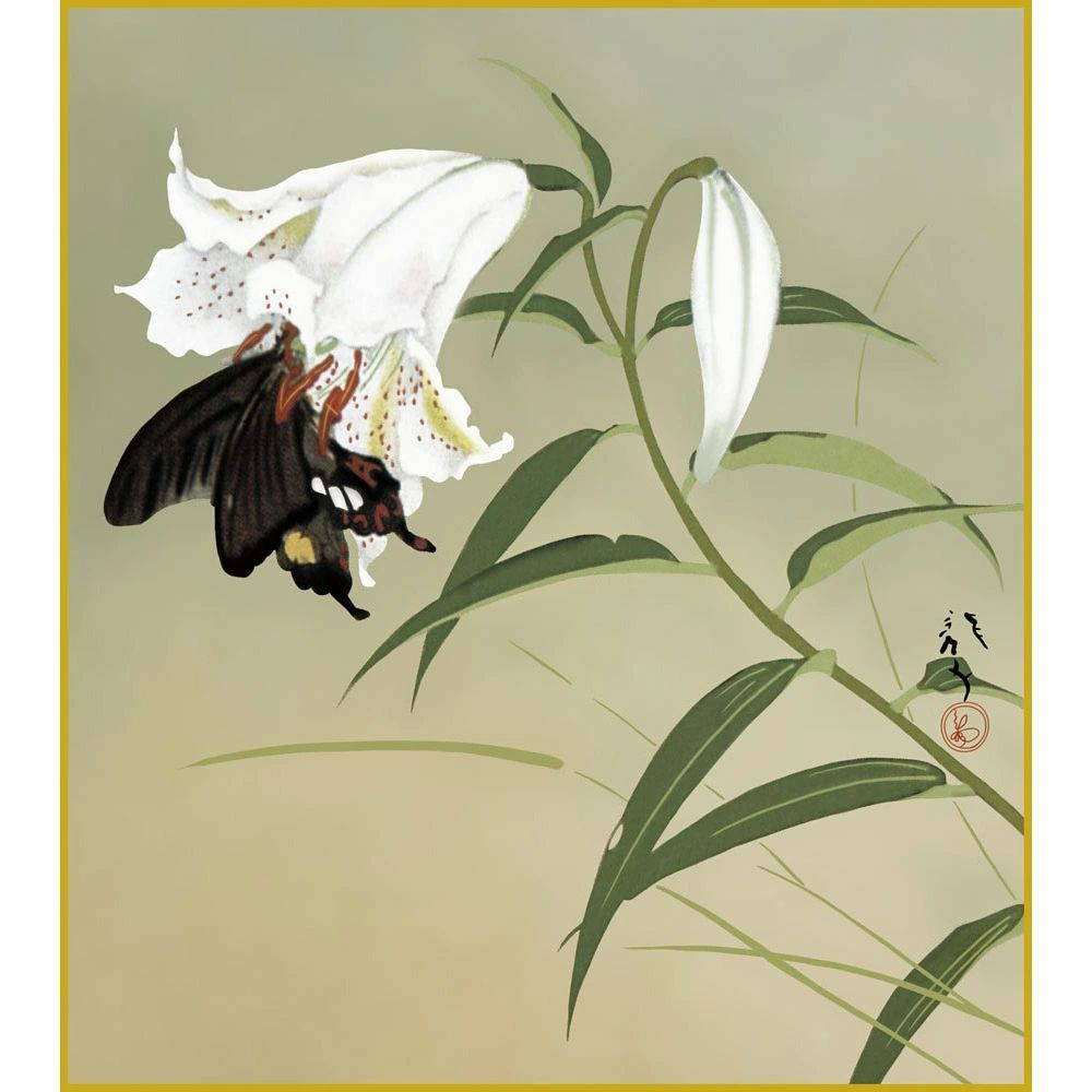 色紙】川端龍子「百合」複製画 色紙 特殊工芸画 山ユリ アゲハ蝶 色紙】川端龍子「百合」複製画 色紙 特殊工芸画 山ユリ アゲハ蝶