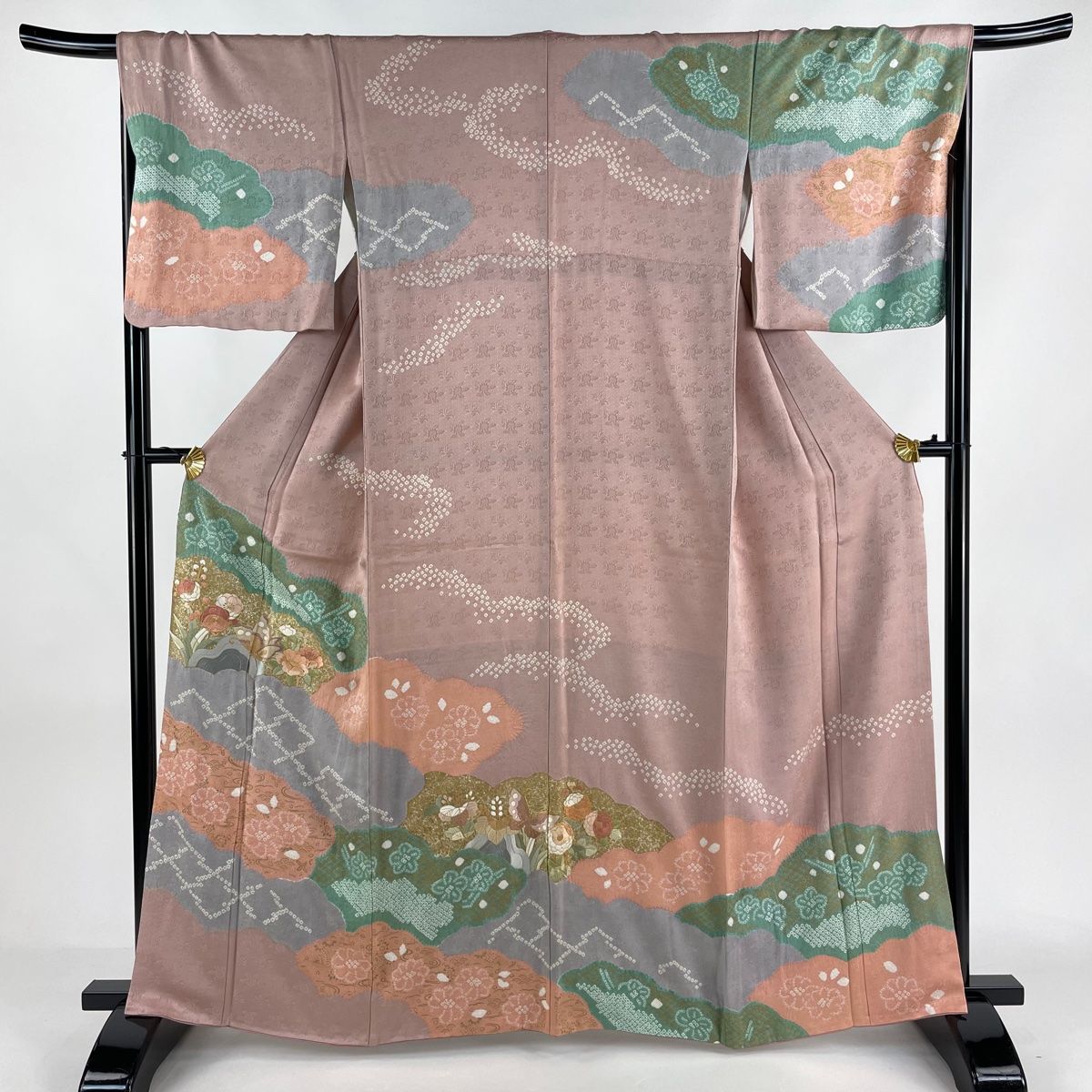 付下げ 身丈162cm 裄丈68cm L 袷 草花 雲文 刺繍 絞り ピンクベージュ 正絹 秀品 【中古】 - メルカリ