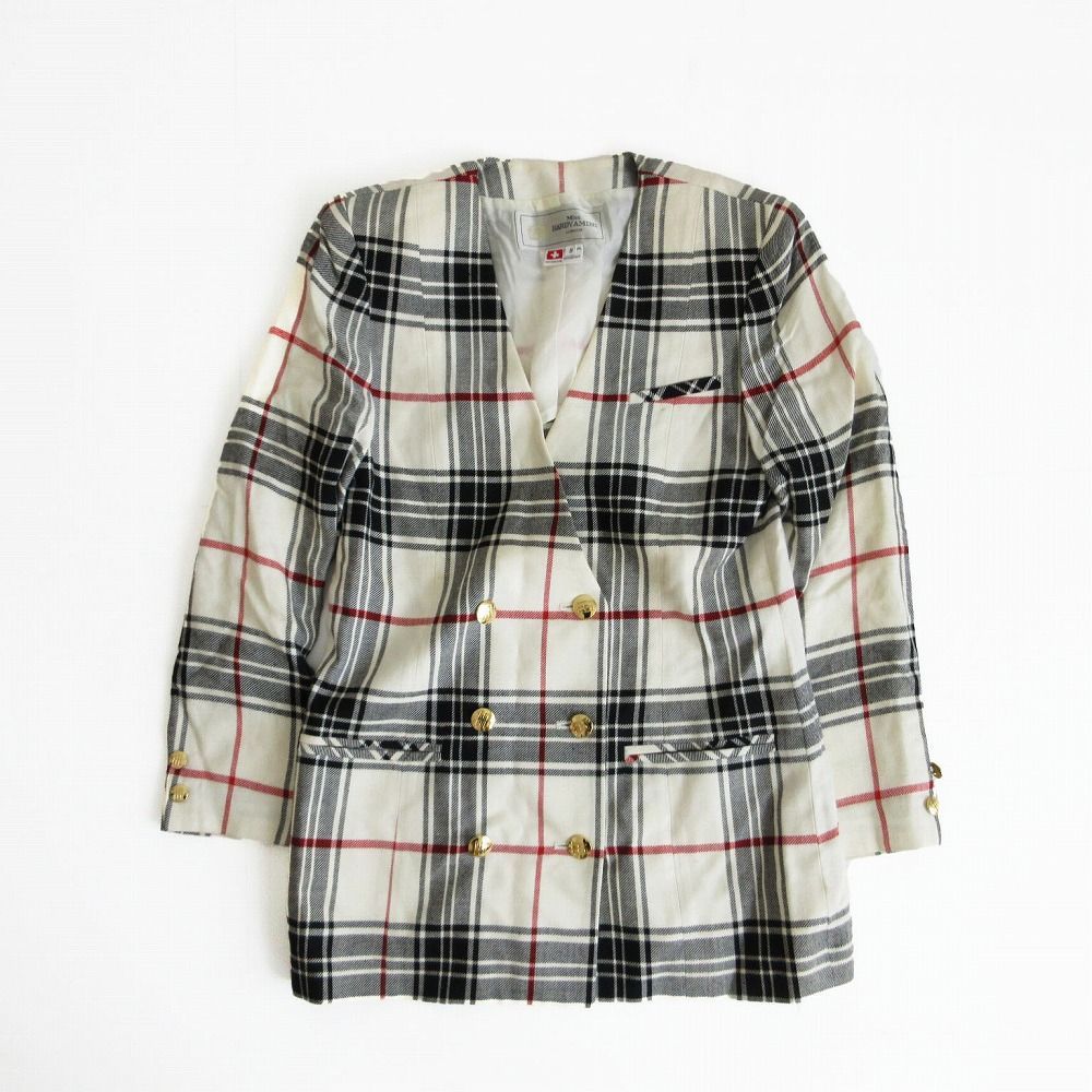 HARDY AMIES LONDON ハーディエイミス 金ボタン チェック柄 ダブルブレスト ノーカラージャケット リネン混 ホワイト サイズ ...