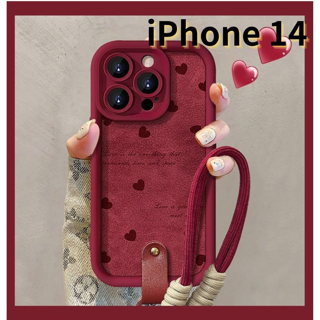 【SHOPS】iPhone14 スマホケース 赤 ラムスキン風 ストラップ付き ハート かわいい E034 - メルカリ