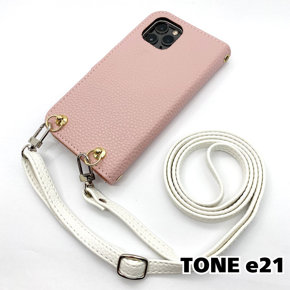 【新品未使用】TONE e21 トーンe21 ストラップ付 手帳型スマホ ケース ショルダー (カバー色 くすみピンク、ストラップ色ホワイト) カード収納 zflip49-strap23 ...