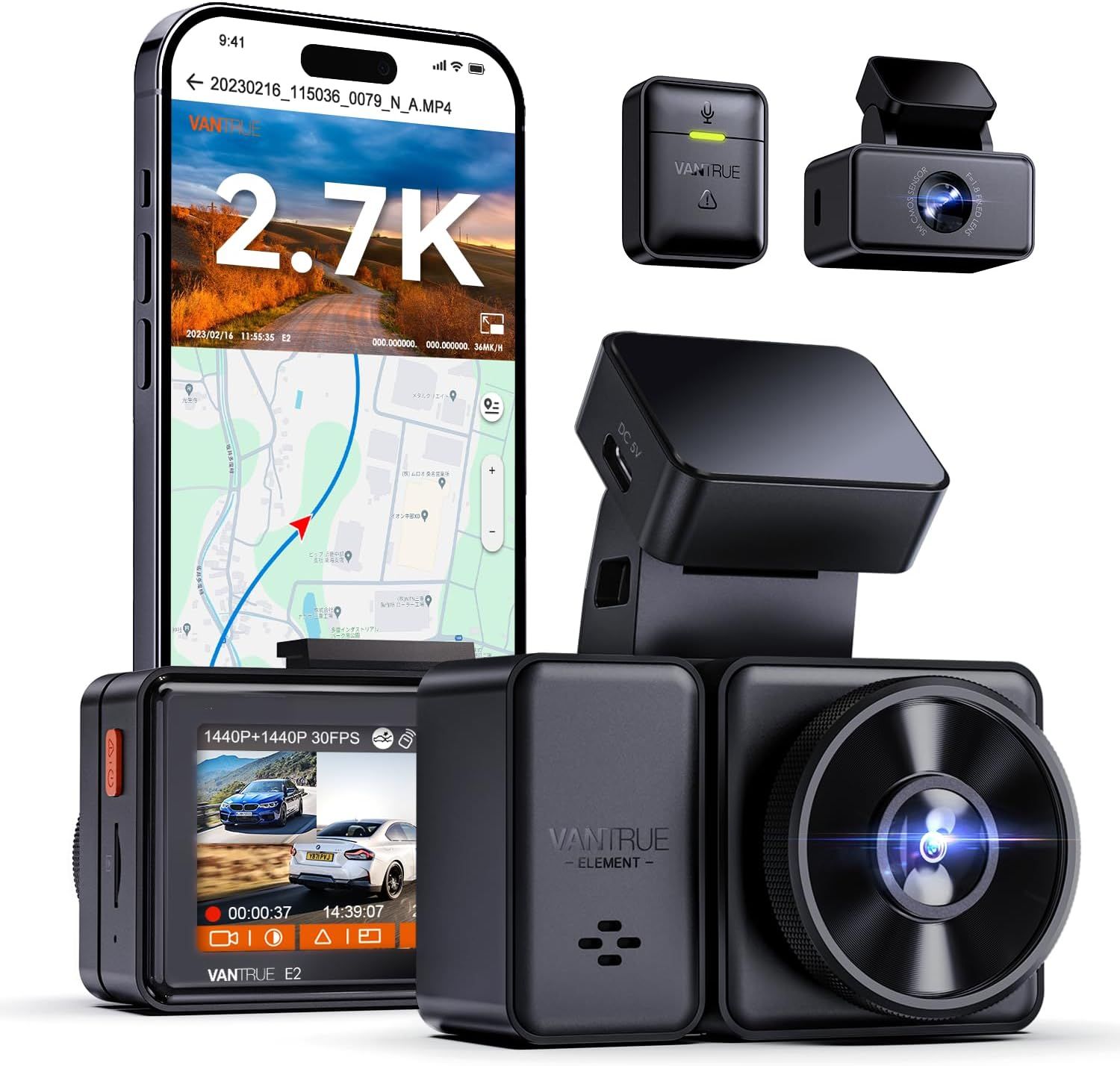 VANTRUE E2 ドライブレコーダー 前後2.7K 1944P+1944P 5.8GHzWiFi対応 GPS内蔵 暗視強化 160度広角 前後カメラ ドラレコ WDR Gセンサー 緊急録画 ...