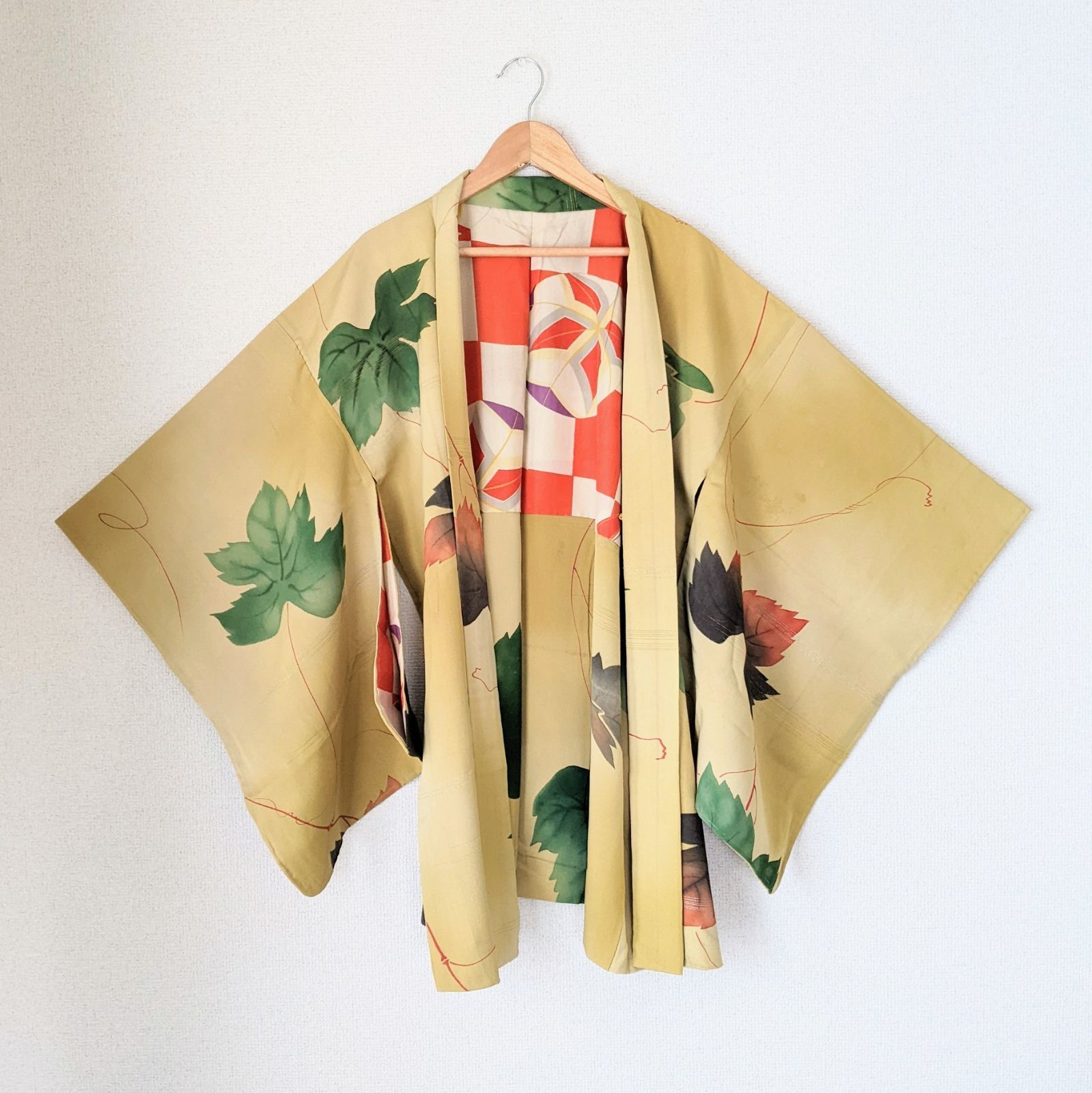 Japanese Vintage Haori Gown Silk Yellow Momiji Maple Jacket Kimono ...