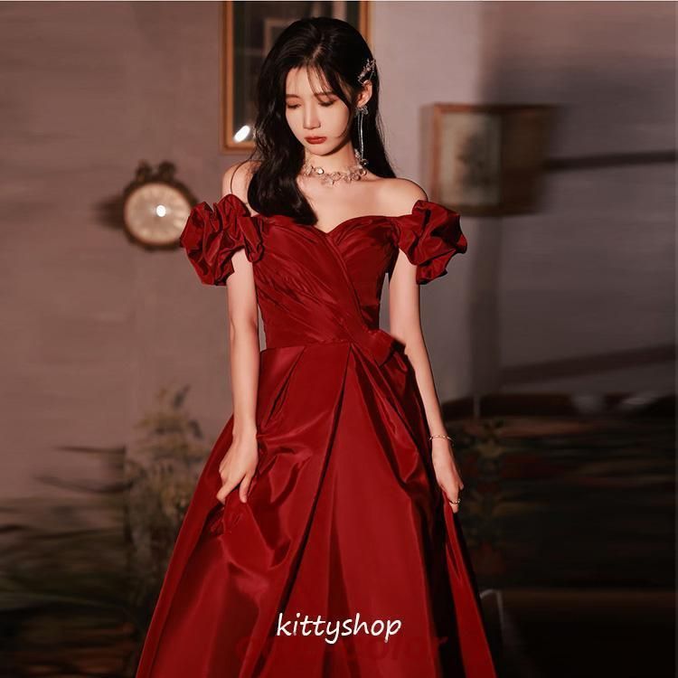 ワイン赤 イブニングドレス スリット ボートネック オフショルダー