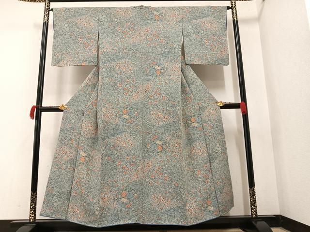 平和屋着物□本藍 型絵染 小紋 道長花文 鬼しぼ縮緬