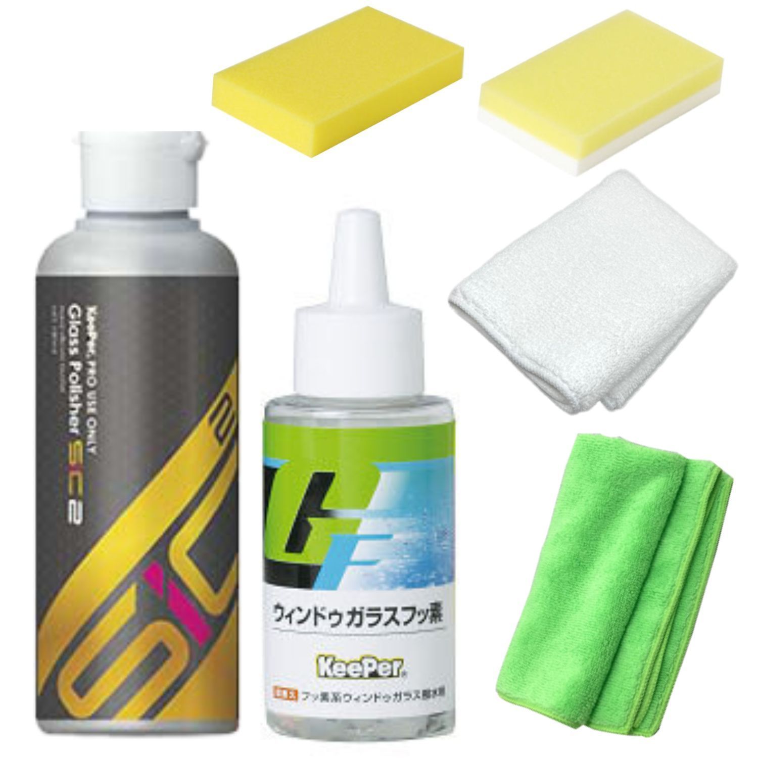 キーパー技研 ウィンドウ ガラスフッ素 50ml+ グラスポリッシャーSiC2 180ml 【付属品 専用黄スポンジ×1 レジンスポンジ×1 ダイヤクロス×1 キーパークロス×1】油膜取り ...