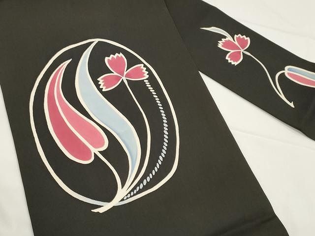 平和屋着物○塩瀬 九寸名古屋帯 型染め 枝花文 黒地 金彩 正絹 逸品