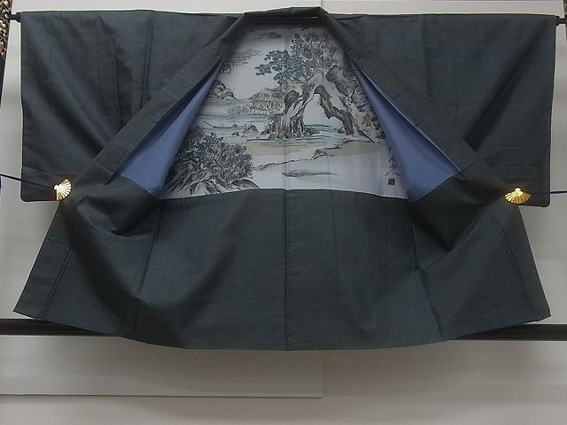 平和屋着物●男性　結城紬　アンサンブル　杢　紺青色　正絹　逸品　AAAV9077np 平和屋着物○男性 結城紬 アンサンブル 杢 正絹 逸品 CAAS0294th