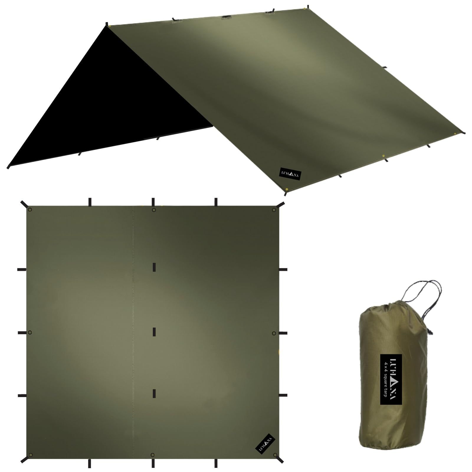 Color:(難燃性ブラックコーティング（アーミーグリーン）_Size:3mx3m LUHANA タープ 正方形 スクエア 難燃性 ブラック ...
