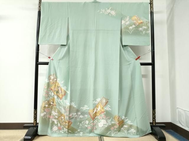 平和屋着物●訪問着　駒刺繍　流水枝葉文　金彩　ロング丈　正絹　逸品　DAAY1725ps 平和屋着物○訪問着 駒刺繍 流水枝葉文 金彩 ロング丈 正絹 逸品