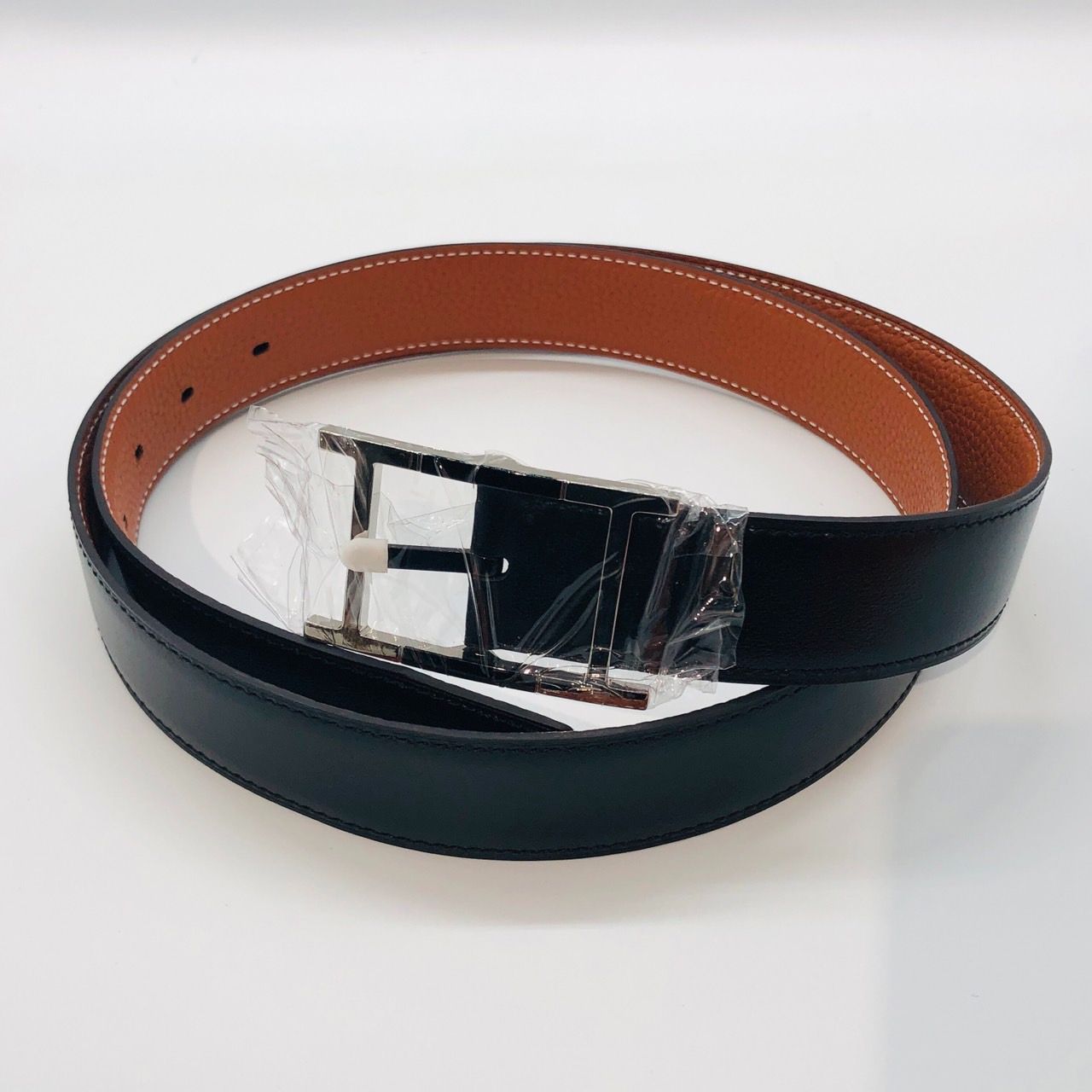 ★エルメス HERMES リバーシブルベルト コンスタンス Hベルト 052000CA 32mm ブラックxオレンジ レザー シルバー金具 P ...