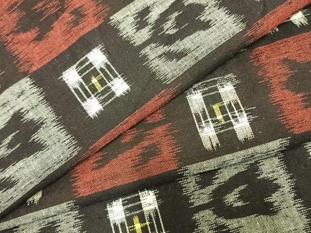 平和屋着物▽久留米絣 単衣 市松文様 黒地 綿 逸品 AABC0269fy