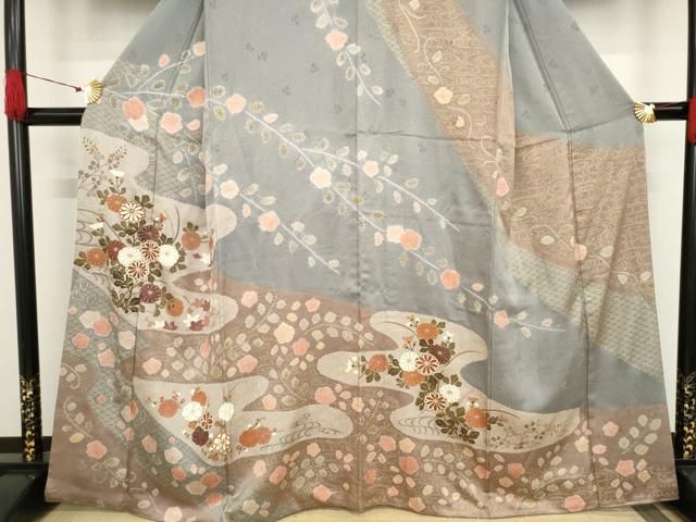 平和屋着物□訪問着 手描き 絞り 牡丹花文 正絹 逸品 BAAS0744sa