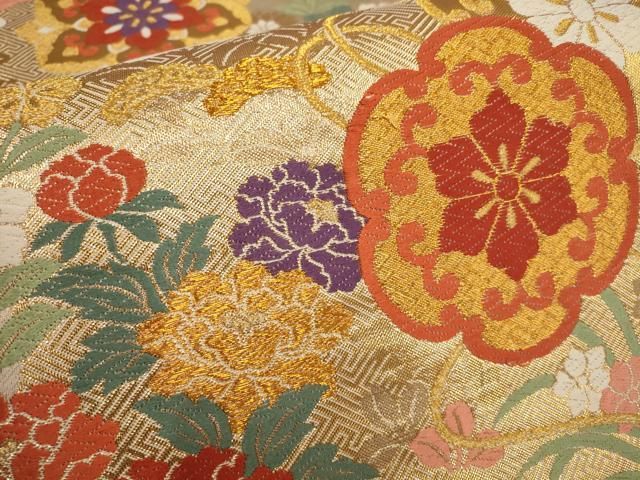 平和屋着物▽佐賀錦 六通柄袋帯 唐織 草花文 金糸 正絹 逸品