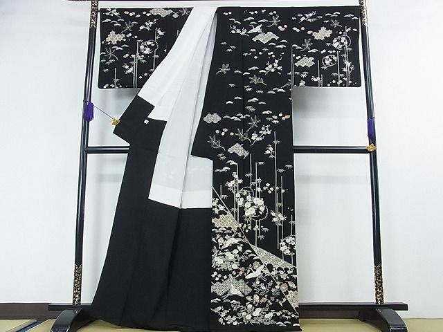 平和屋本店□極上 訪問着 刺繍 宝尽くし 雪輪飛鶴文 黒地 鬼しぼ