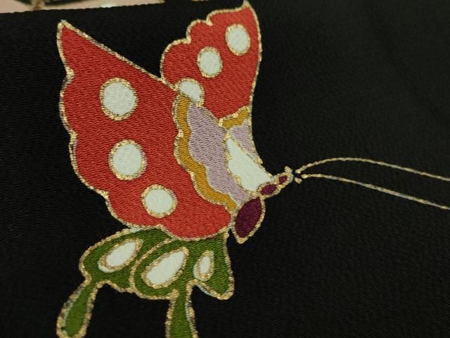 平和屋本店□極上 訪問着 舞蝶文 黒地 金彩 鬼しぼ縮緬 高島屋扱い