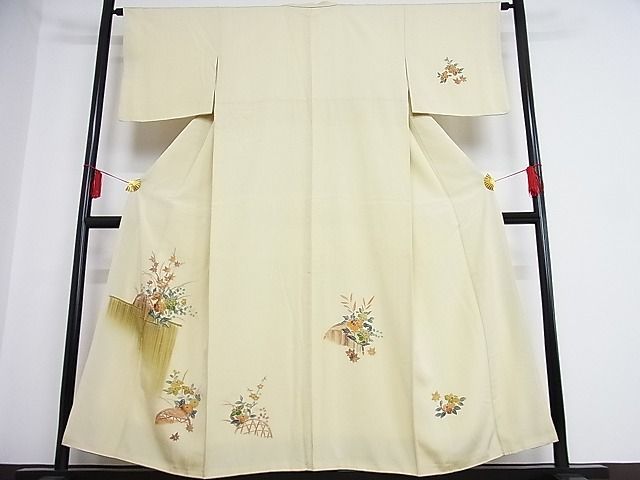 平和屋着物▽訪問着 単衣 生紬 手描き 牡丹菊文 正絹 逸品