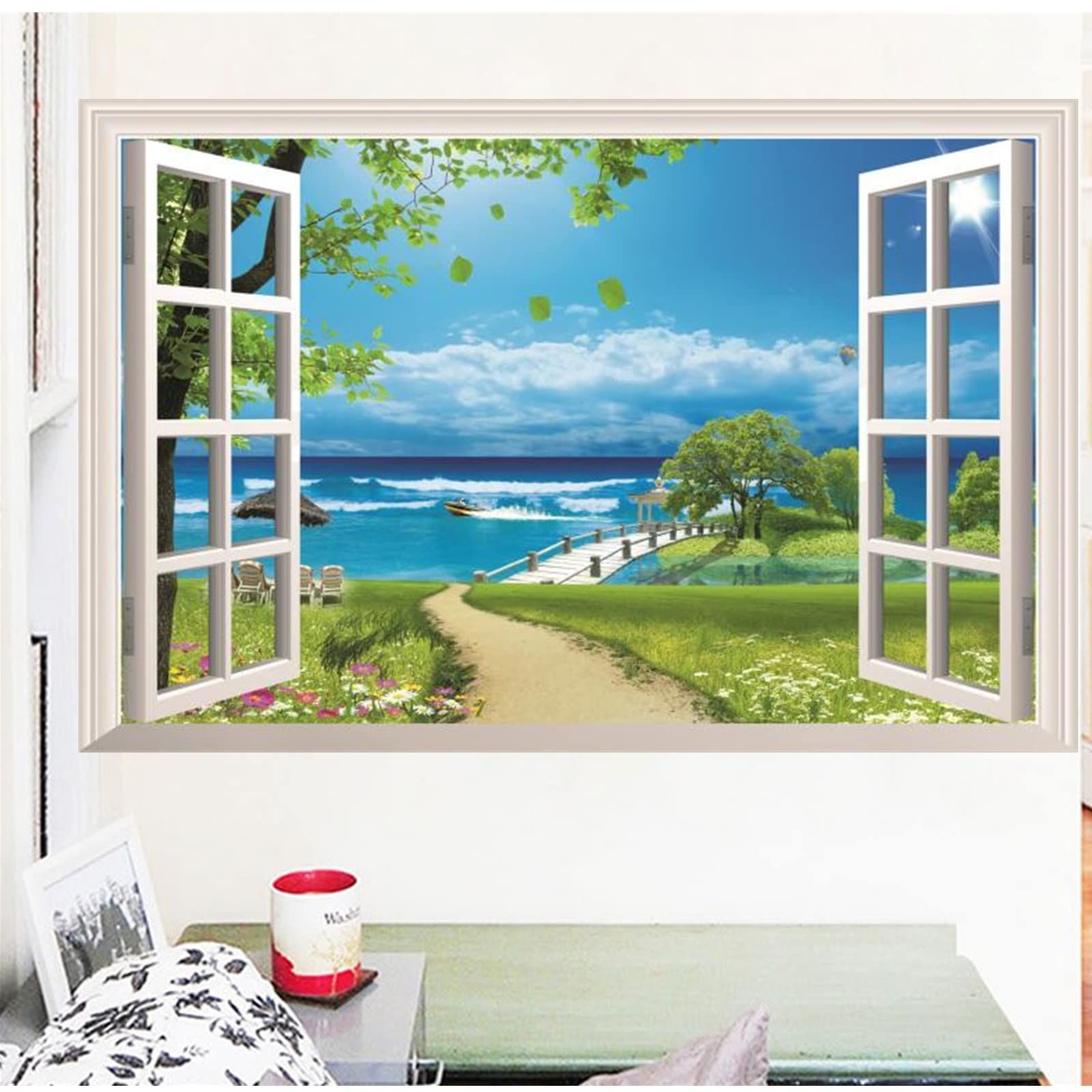 【人気商品】Condessacity ウォールステッカー 海 窓 ポスター ウォールシール 偽窓ステッカー 絵画風 風景ステッカー 自然風景 海 3d立体 剥がせる ウォールペーパー 防水 ...