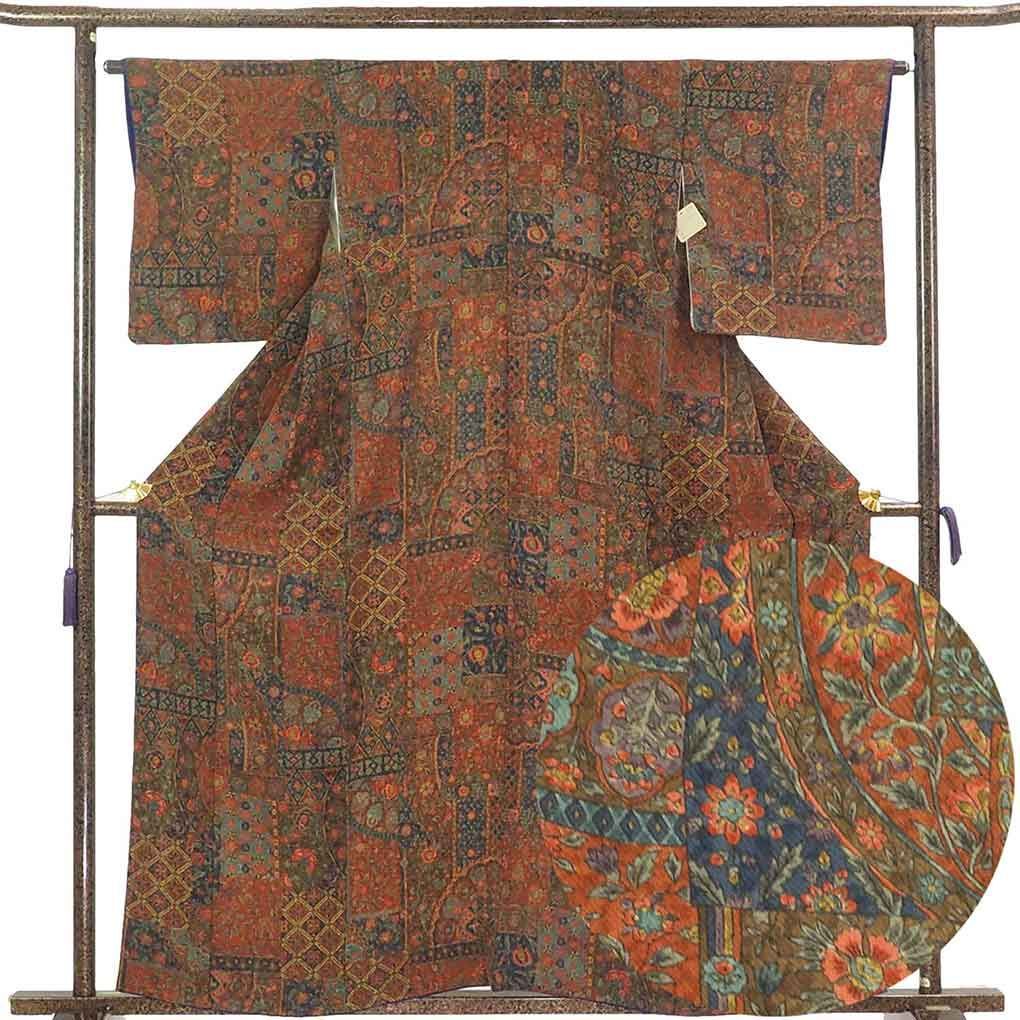小紋 着物 身丈161cm 裄65cm 前幅23cm 後幅29cm 袖丈49cm 袖幅33cm レディース 袷 更紗 裄Mサイズ 秋冬春用 正絹（シルク）茶色 美品 リサイクル リメイク ...